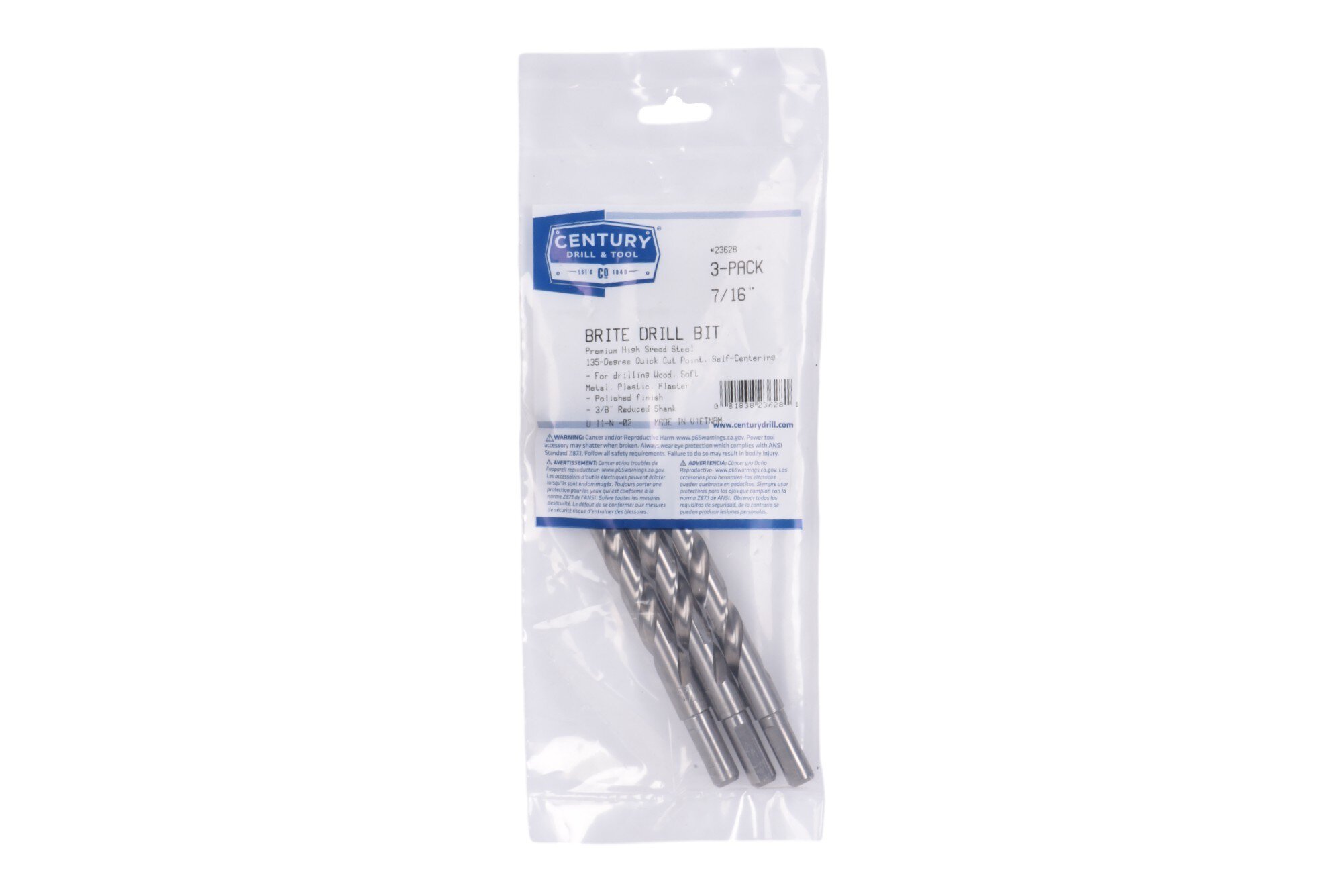 Century 7/16 in, 5 1/2 in OAL, 135 deg Brite Drill Bits, 3/8 in Reduced ...